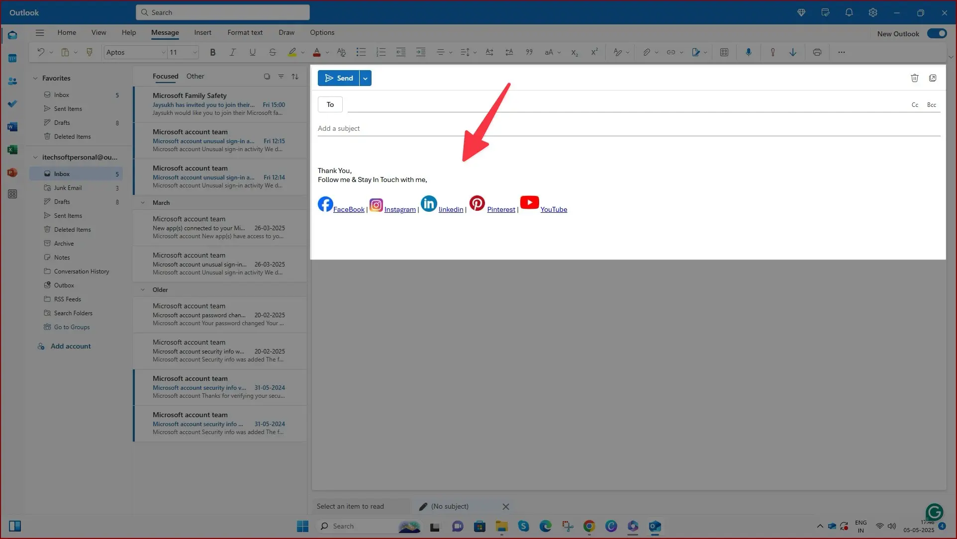 Create Email Signature With Clickable Links, icons in Outlook